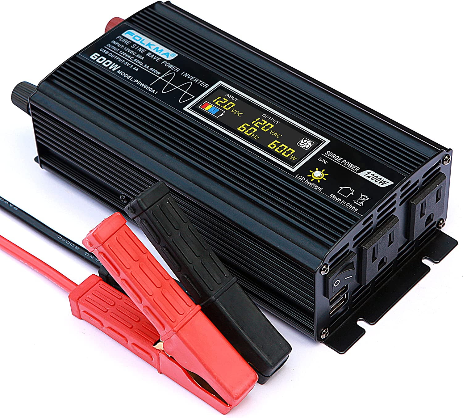 600w pure sine wave power inverter 1200w surge dc12v to 110v ac car ...