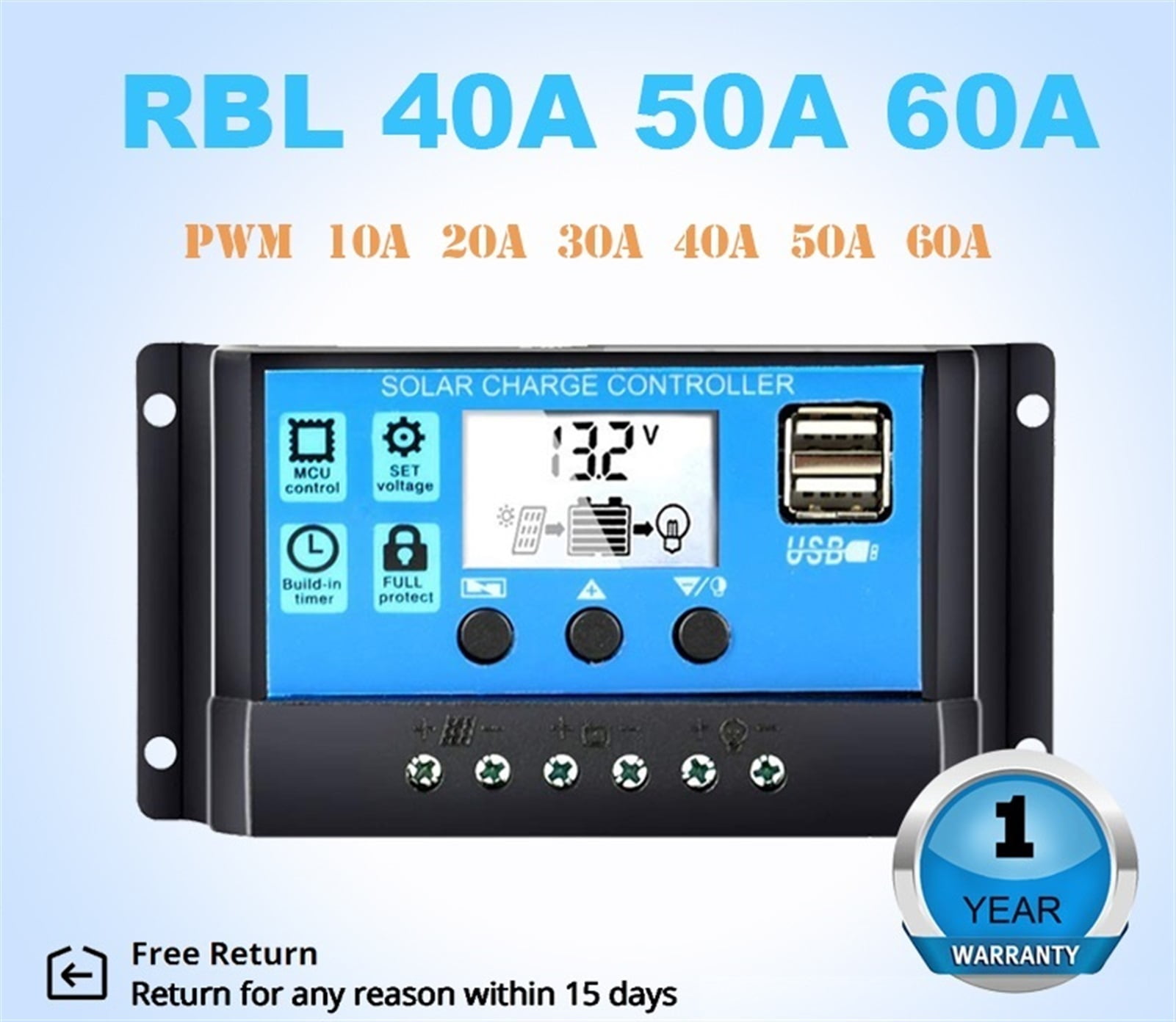 60A 50A 40A Solar Charge Controller PWM 12V 24V Regulator Solar Panel ...