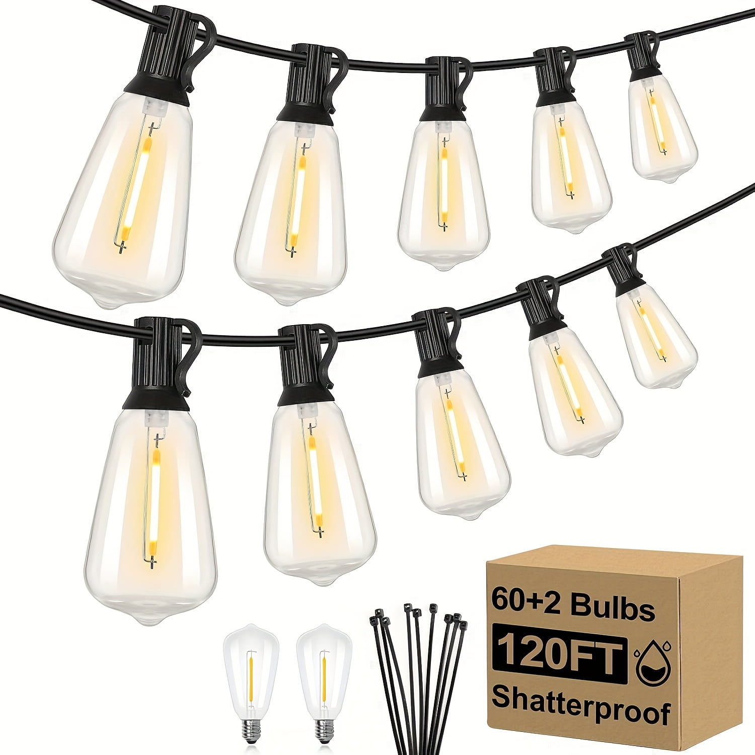 60FT LED Outdoor String Lights, 52 Shatterproof ST38 Edison Bulbs ...
