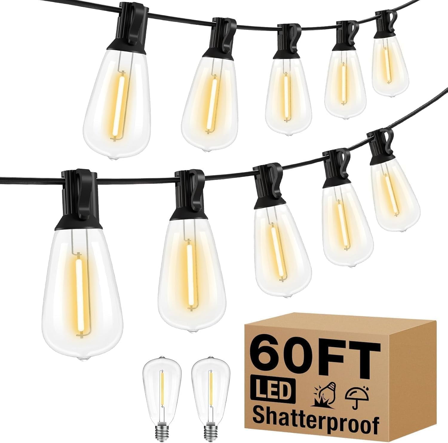 60FT Outdoor String Lights, ST38 Waterproof Shatterproof Edison Bulbs ...
