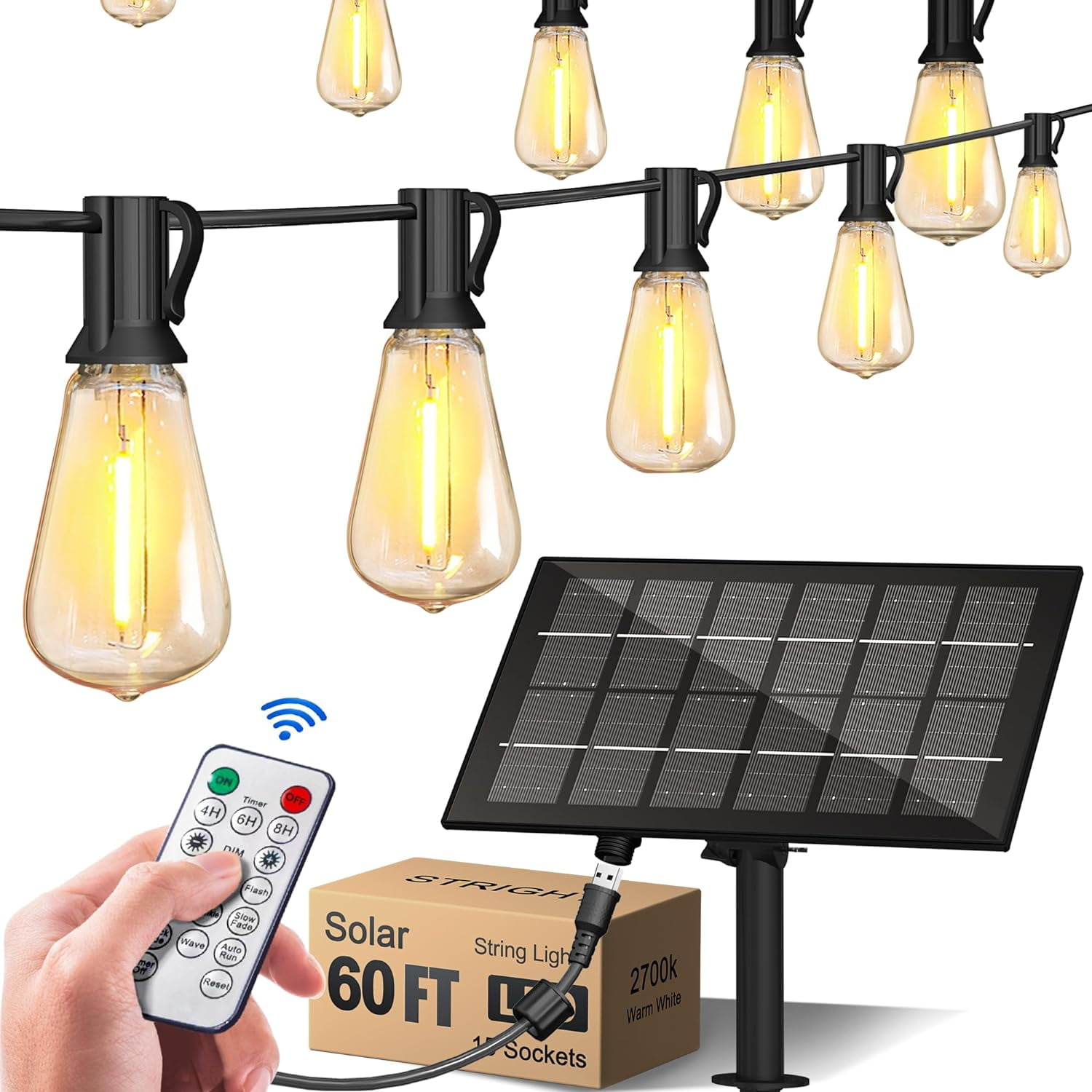 60FT Solar String Lights Outdoor with Remote, Patented USB Connector ...