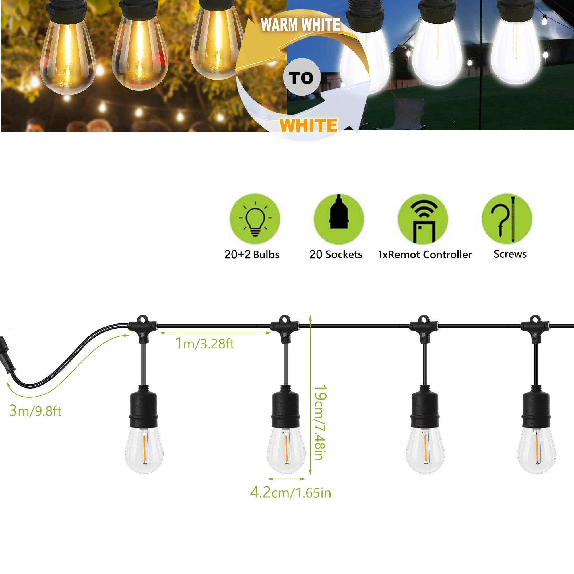 60FT Waterproof LED Outdoor String Lights, Cool White or Warm White ...