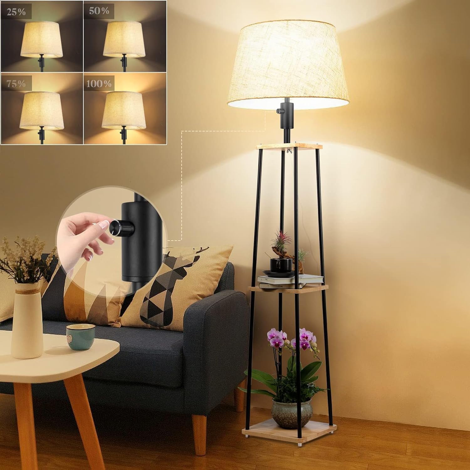Dimmable (Brightness Adjustable) Floor Lamp with Shelves, 3-Tier Corner ...