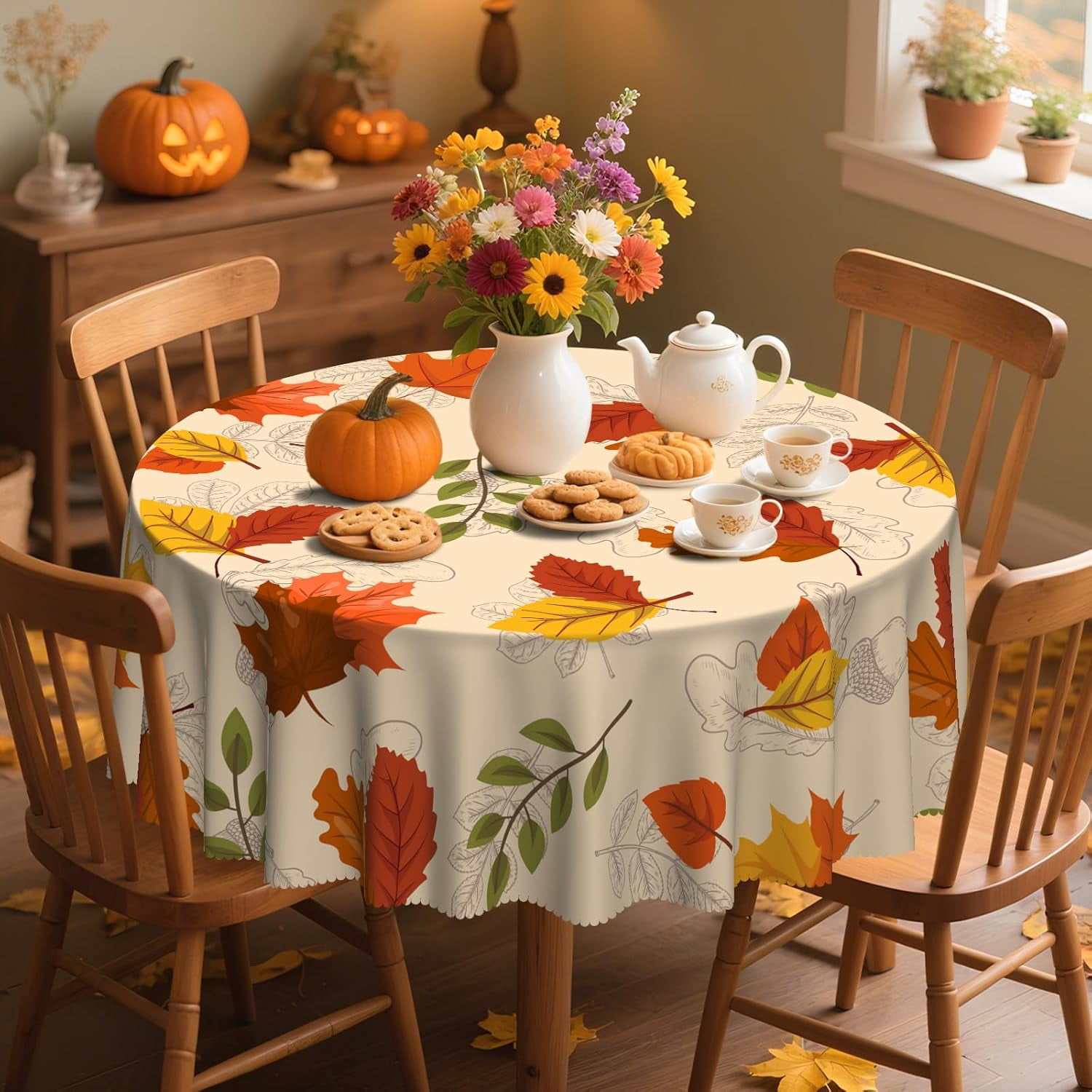 60In Fall Tablecloth, Round Maple Leaf Tablecloth Thanksgiving ...