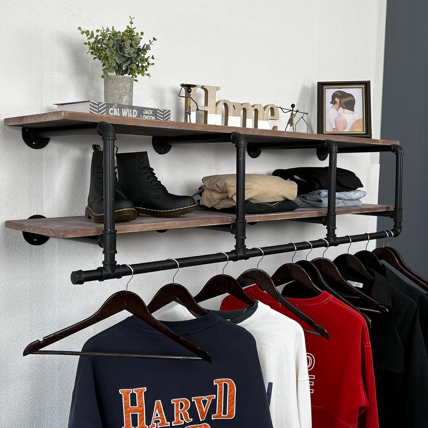 60In Industrial Pipe Clothing Rack with Top Shelf Space-Saving Wall ...