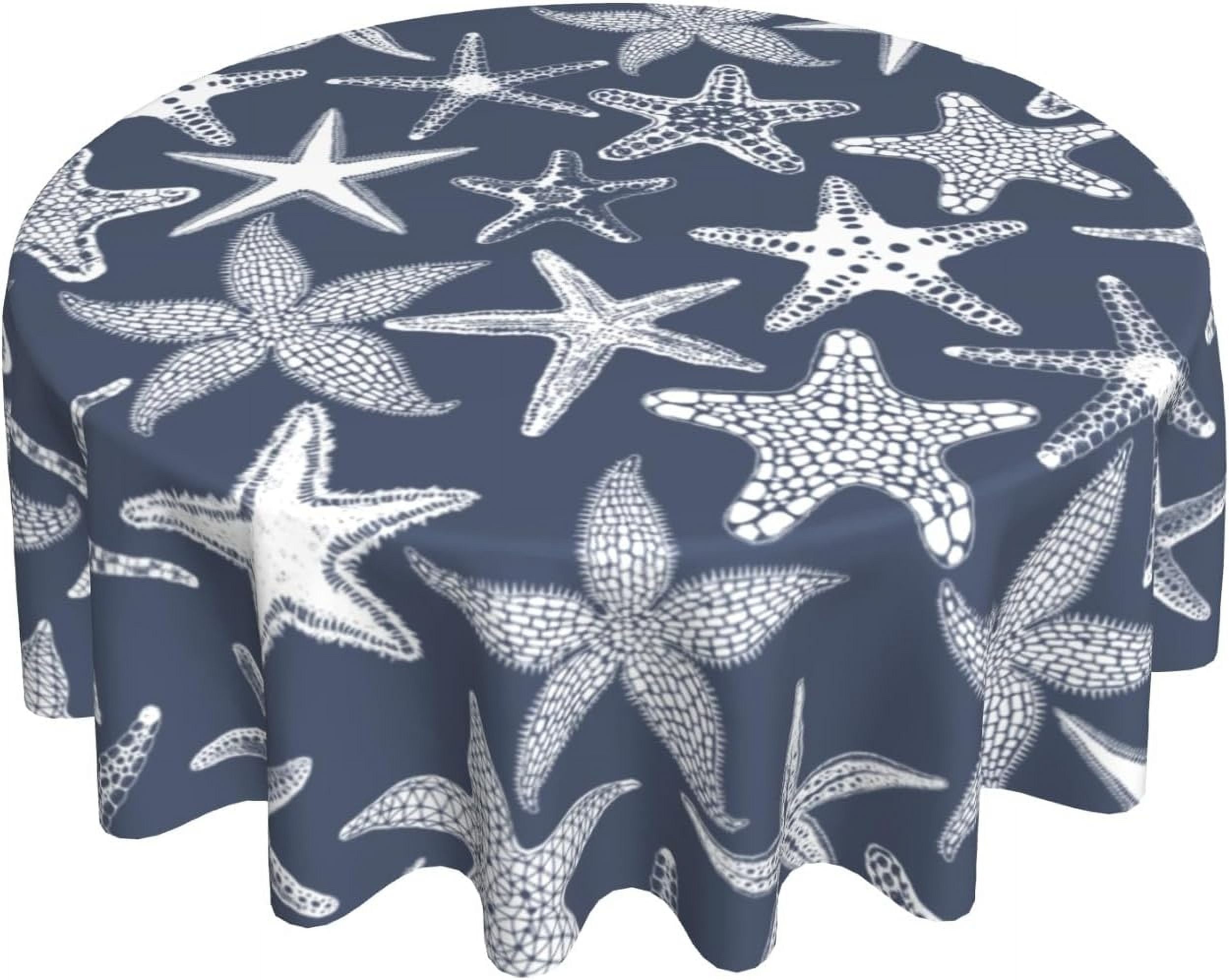 60Inch Navy Blue Starfish Round Tablecloth, Summer Nautical Coastal ...