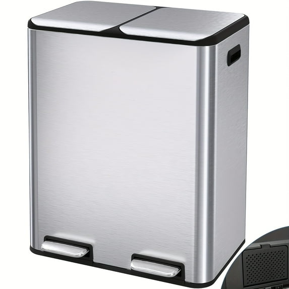 60L Dual Compartment Pedal Trash Can, Stainless Steel with Odor Filter ...