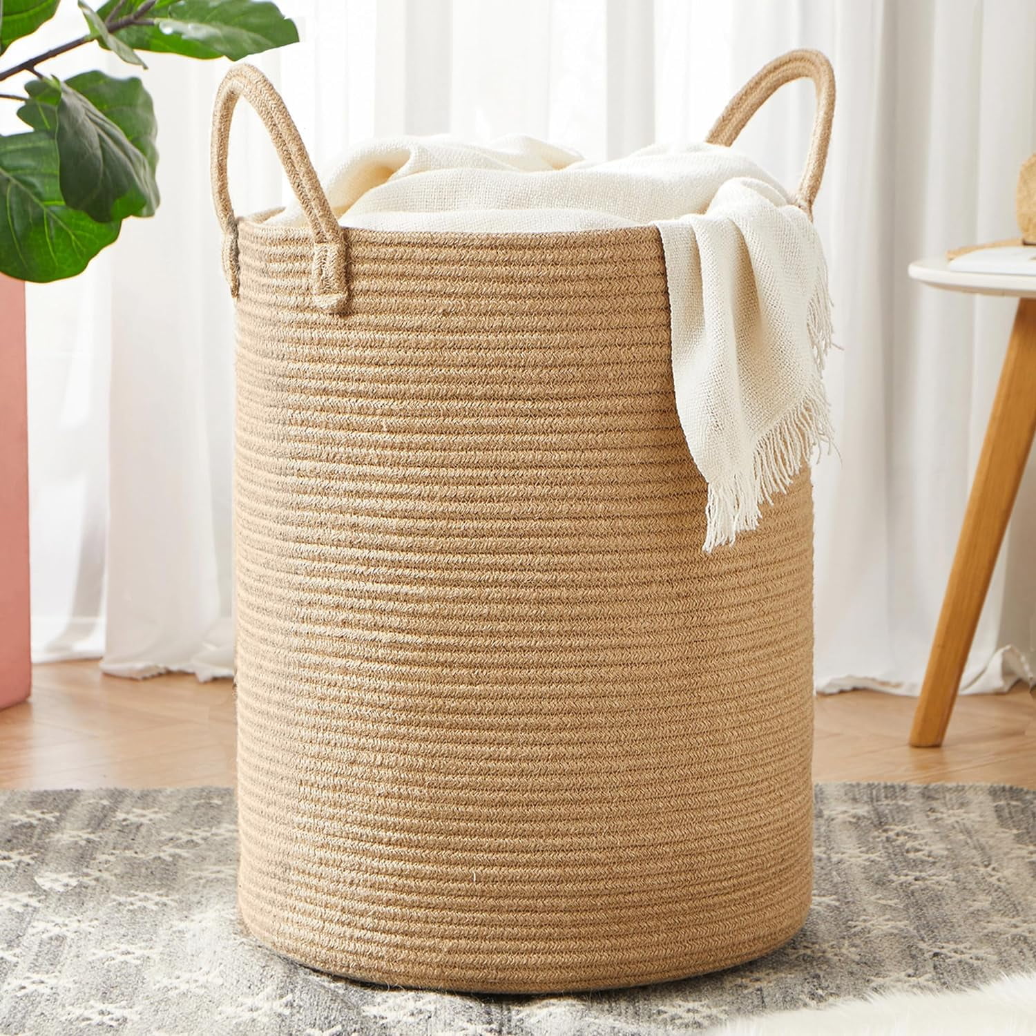 60L Jute Woven Laundry Hamper Basket Wicker Rope Clothes Tall Rattan ...