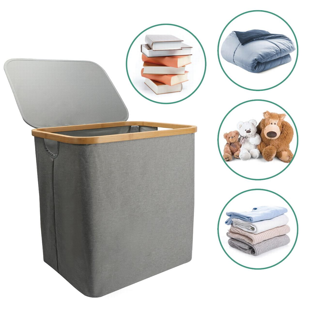 KAHOO 60L Home Bin, Folding Laundry Hamper with Lid, Oxford Bamboo ...