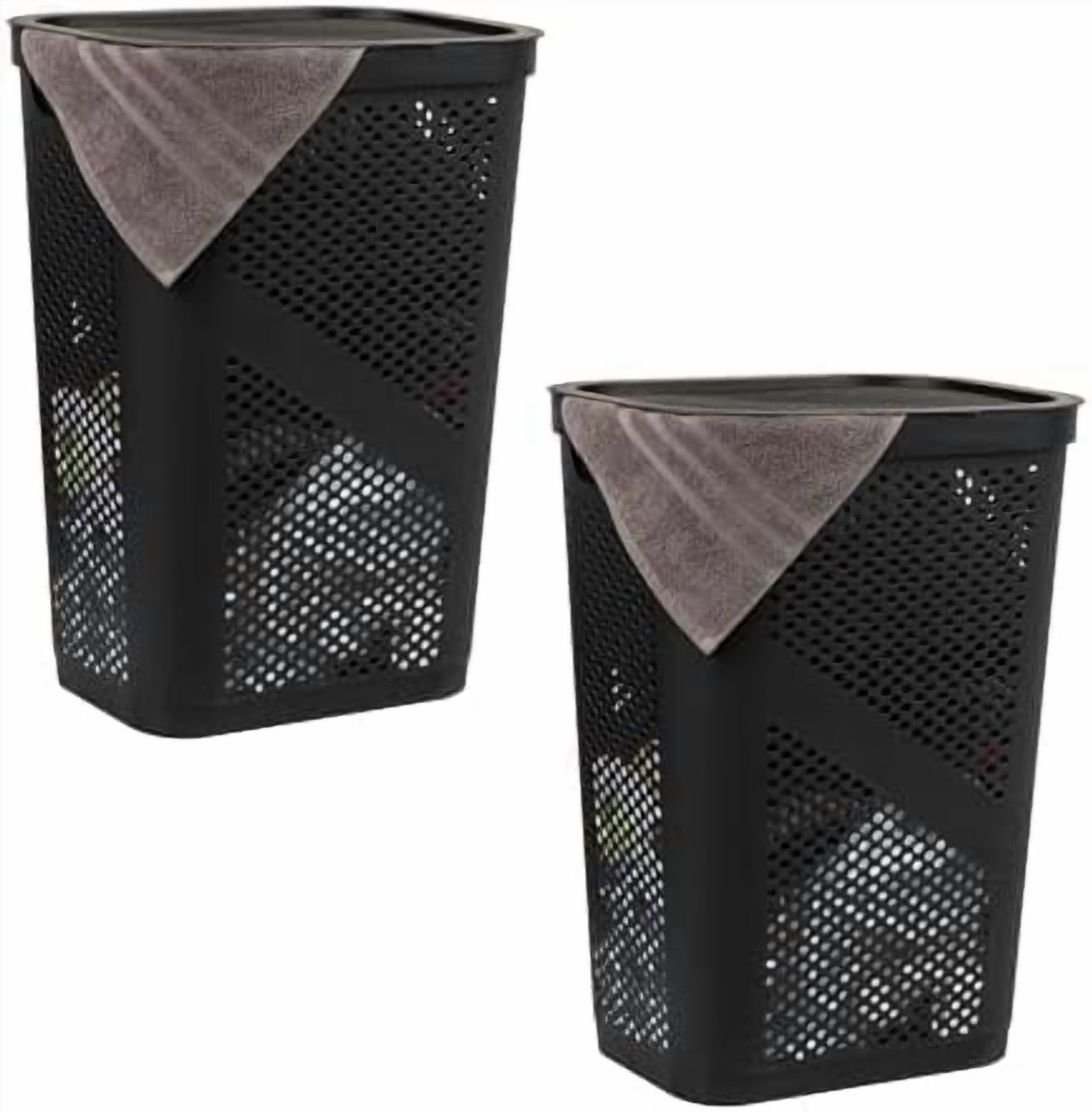 60L Slim Laundry Hamper, Clothes Basket, Lid, Ventilated, Plastic, Set ...