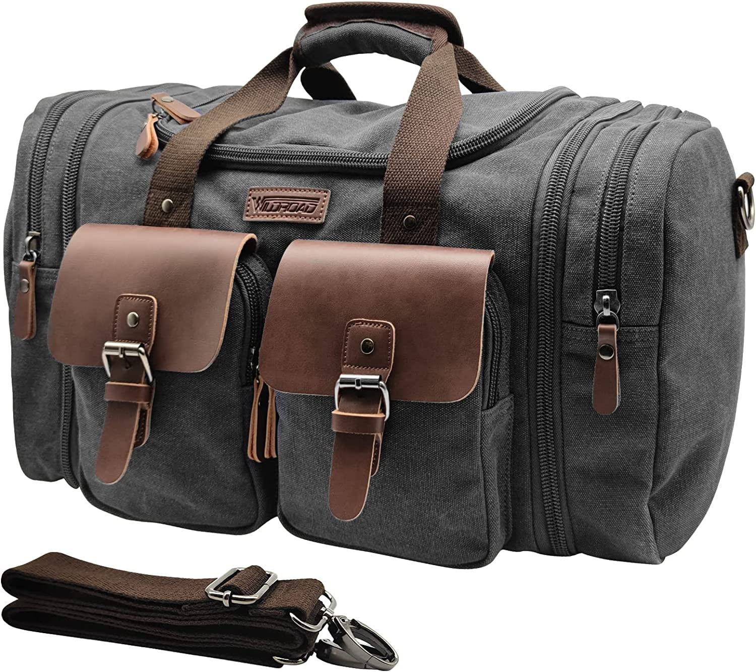 60L Travel Duffel Bag, Expandable Canvas Genuine Leather Duffle Bag ...