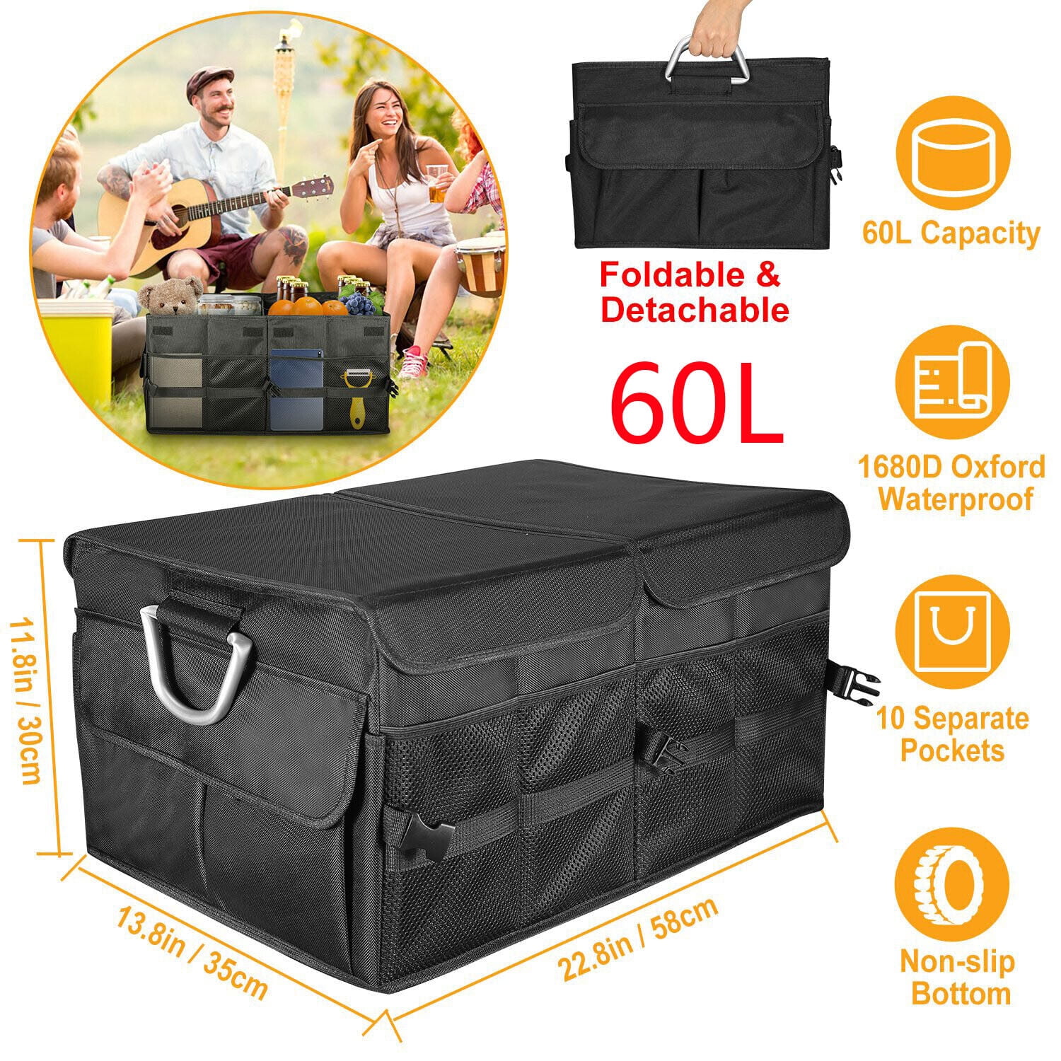 60L Trunk Cargo Organizer Folding Caddy Storage Collapse Bag Bin - Car ...