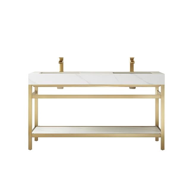 60M in. Funes Double Sink Bathroom Vanity, Brushed Gold Metal Support ...
