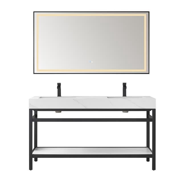 60M in. Funes Double Sink Bathroom Vanity, Matt Black Metal Support ...