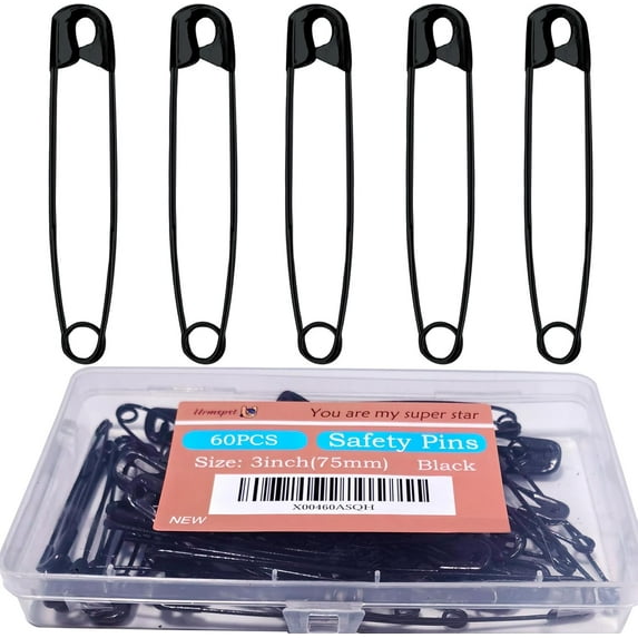 60PCS-3Inch Large Black Safety Pins, Rust-Resistant Nickel Plated Steel ...