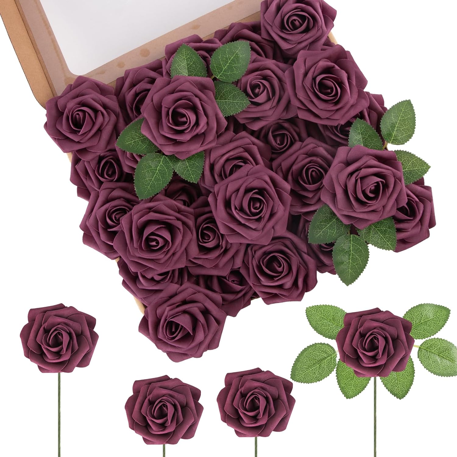 60PCS Artificial Flower Roses Real Touch Fake Flowers with Stem Plum ...