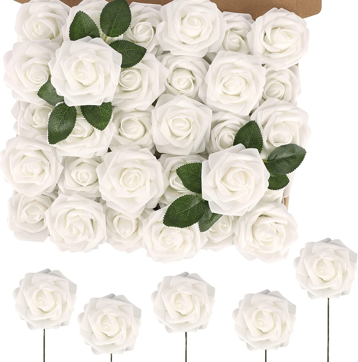 60PCS Artificial Rose Flowers Real Touch Fake Flowers with Stem White ...