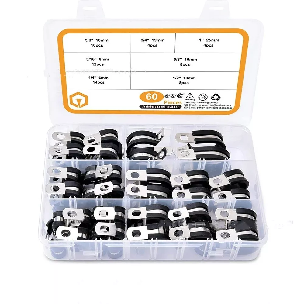 60PCS Cable Clamps Assortment Kit,304 Stainless Steel Rubber Cushion ...