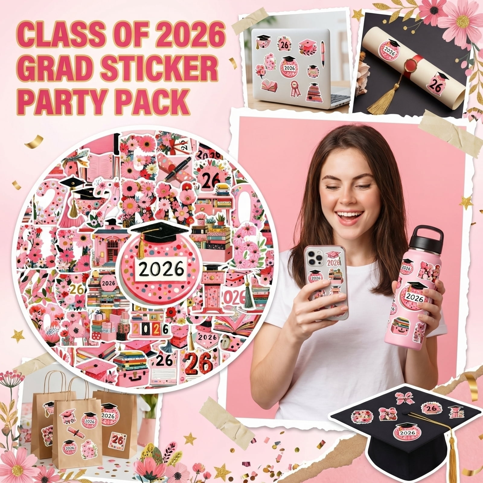 60PCS Class of 2026 Graduation Stickers – Pink Daisy Flower Waterproof ...