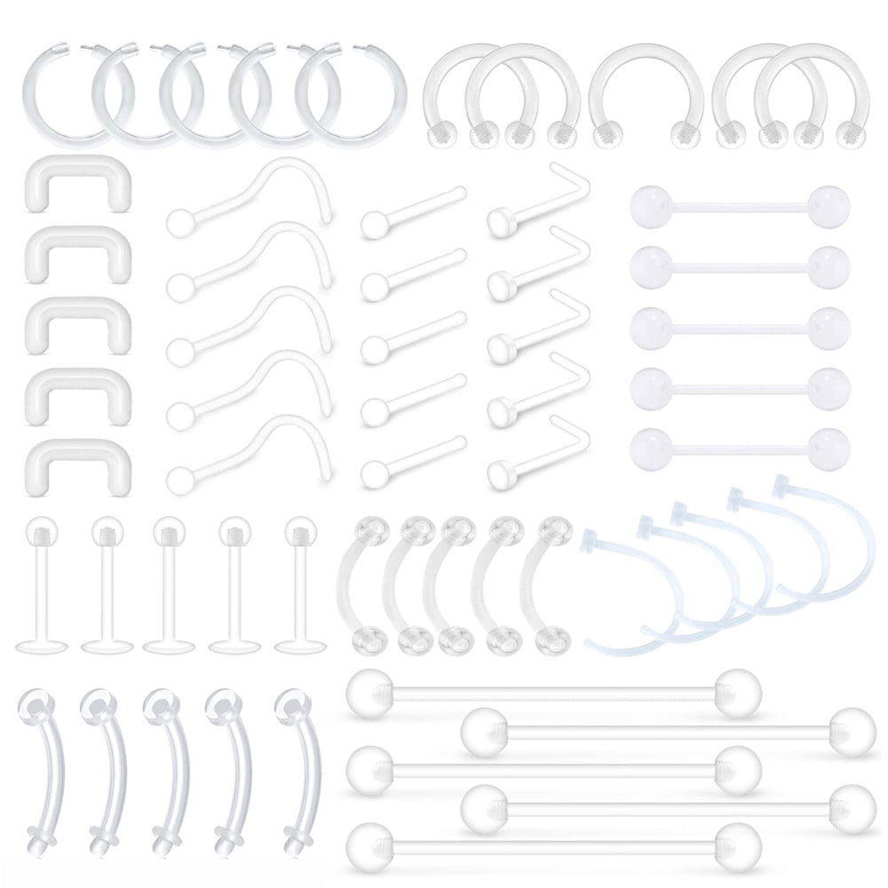 60PCS Clear Piercing Retainer Septum Retainers Nose Studs Flexible Lip ...
