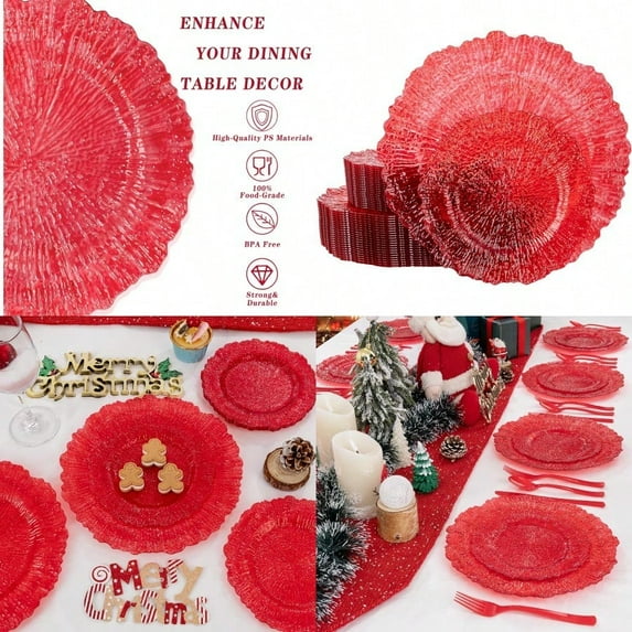 60PCS Clear and Red Christmas Plastic Plates - Reef Plastic Plates ...