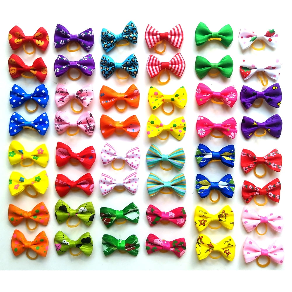 60PCS Cute Puppy Dog Small Bowknot Hair Bows with Rubber Bands Handmade ...