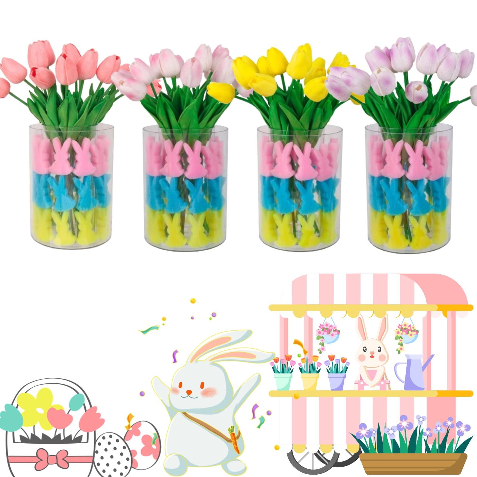 60PCS Easter Sponge Bunnies Vase Filler and15 Artificial Tulips, 4 ...