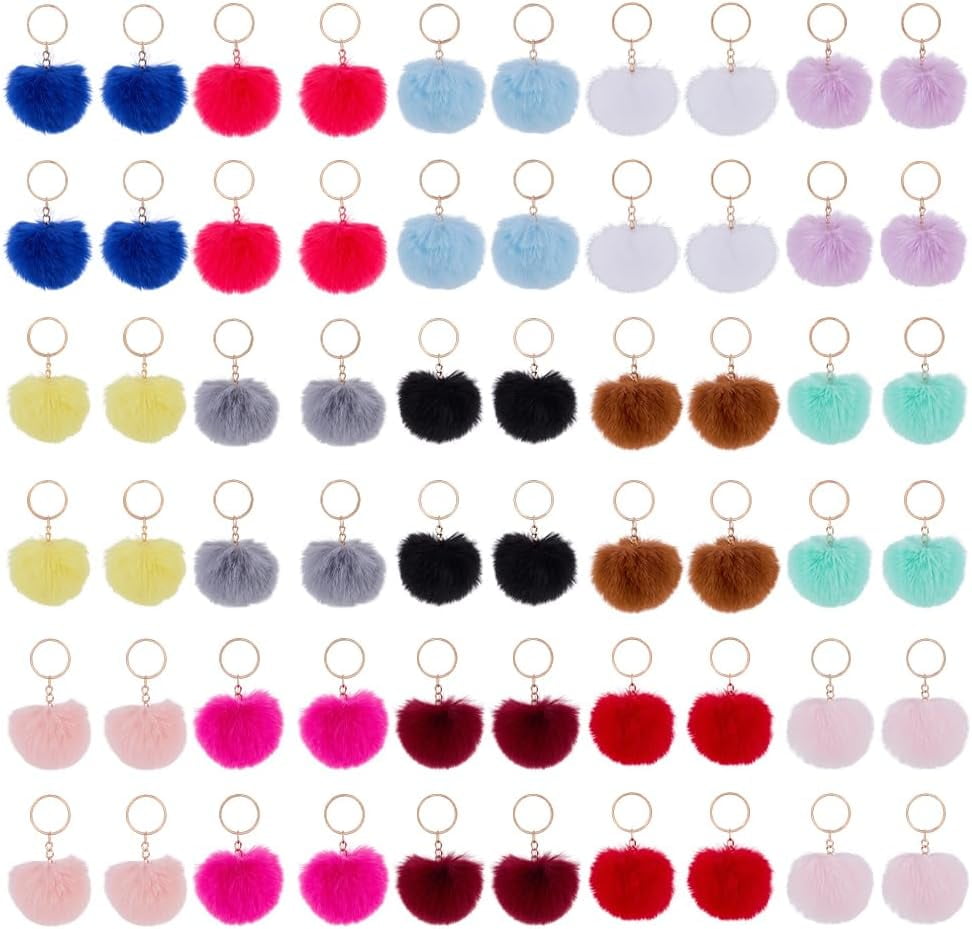 60PCS Fur Ball Keychain 15 Colors Pom Pom Keychain 2.17 Inch Diameter ...