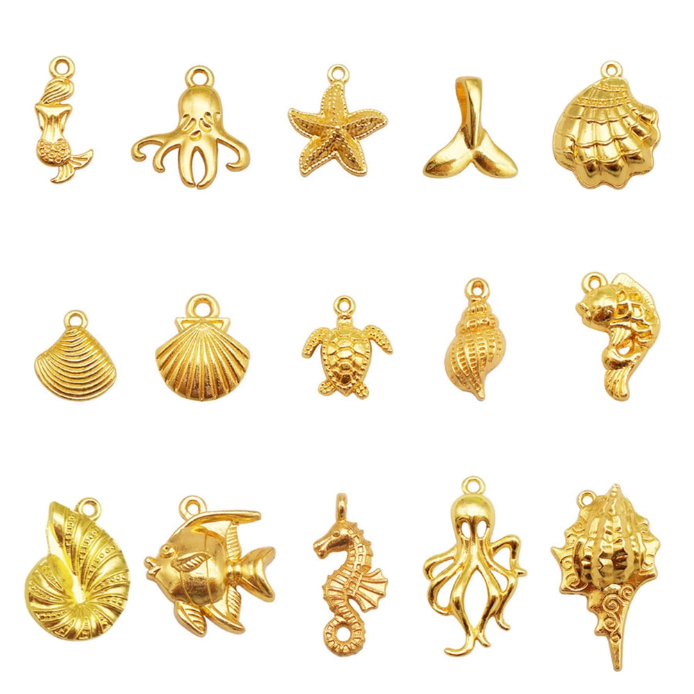 60PCS Gold Alloy Marine Life Charms Fish Mermaid Charm Shell Conch ...