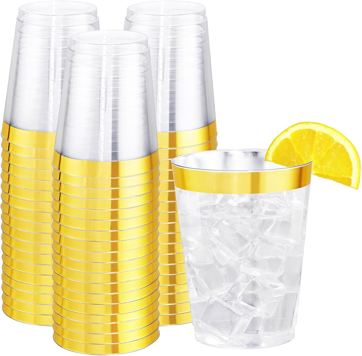 60PCS Gold Plastic Cups, 10 oz Clear Disposable Cups with Golden Trim ...