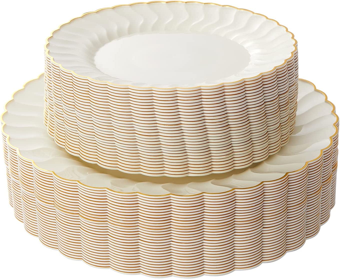 60PCS Ivory Scalloped Plastic Plates with Gold Rim, Disposable Elegant ...