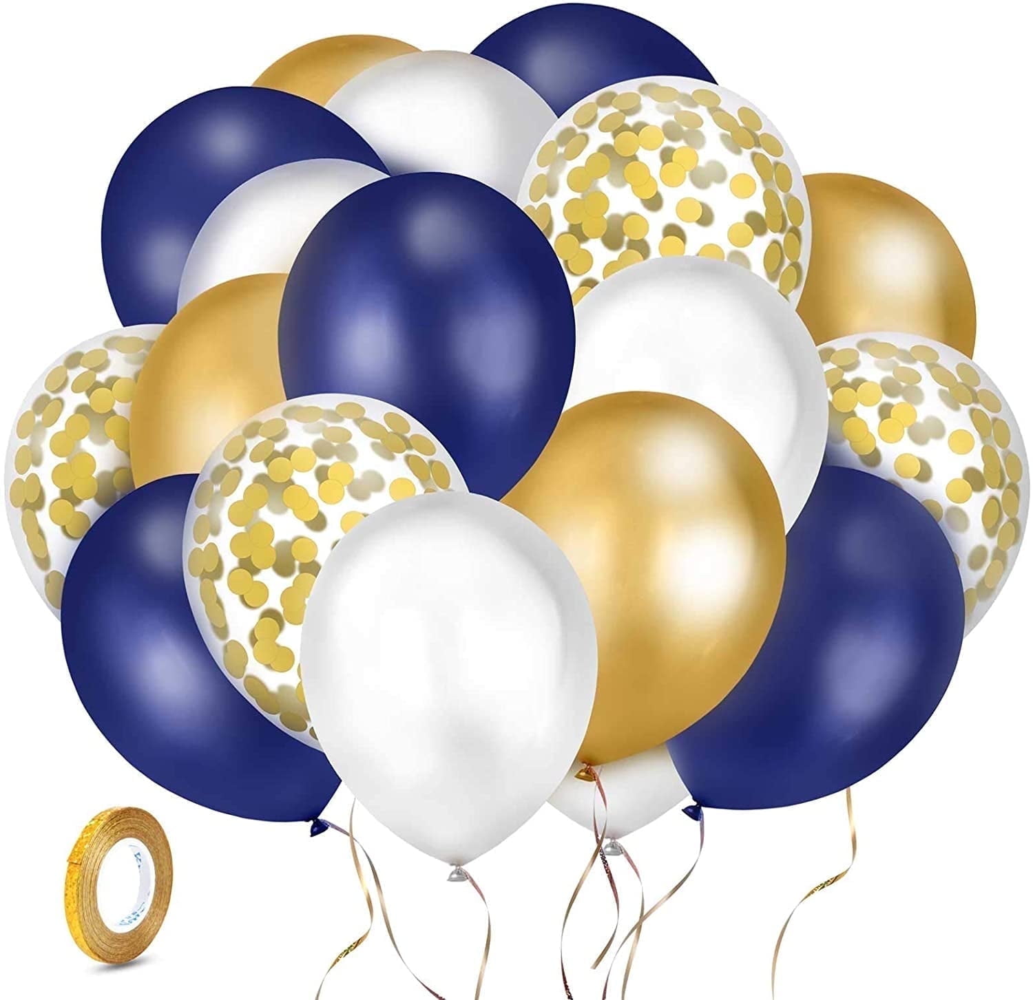 60PCS Navy Blue and Gold Confetti Balloons, Premium 12inch Pearl White and Gold Metallic Chrome ...