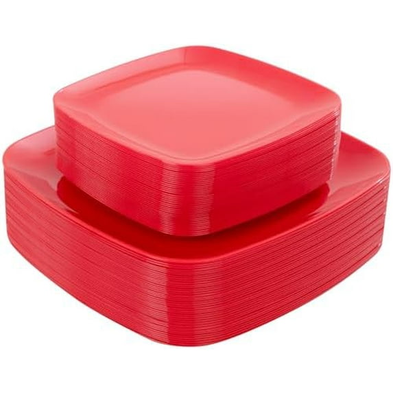 60PCS Red Square Plastic Plates - Red Christmas Disposable for Party ...