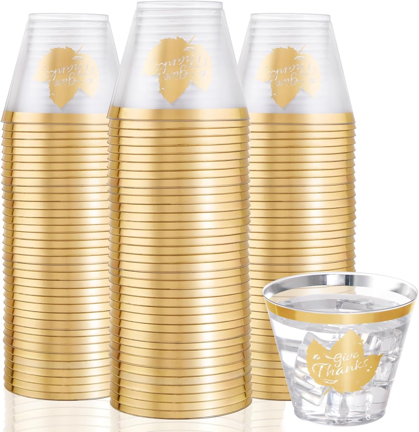 60PCS Thanksgiving Gold Plastic Cups 9 Oz Gold Rimmed Clear Plastic ...