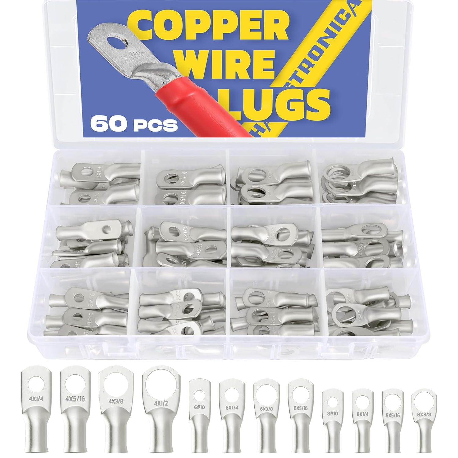 60PCS Tinned Battery Terminals Cable Lugs Kit,AWG 8 6 4 Heavy Duty ...