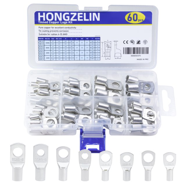60PCS Tinned Copper Wire Lug Lugs SC Ring Terminals Crimp Battery Cable ...