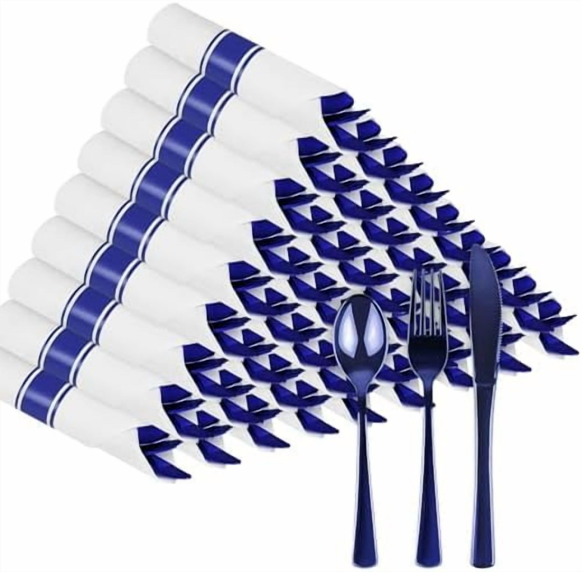 60Pack Blue Pre Rolled Plastic Silverware - Wrapped Blue Disposable ...