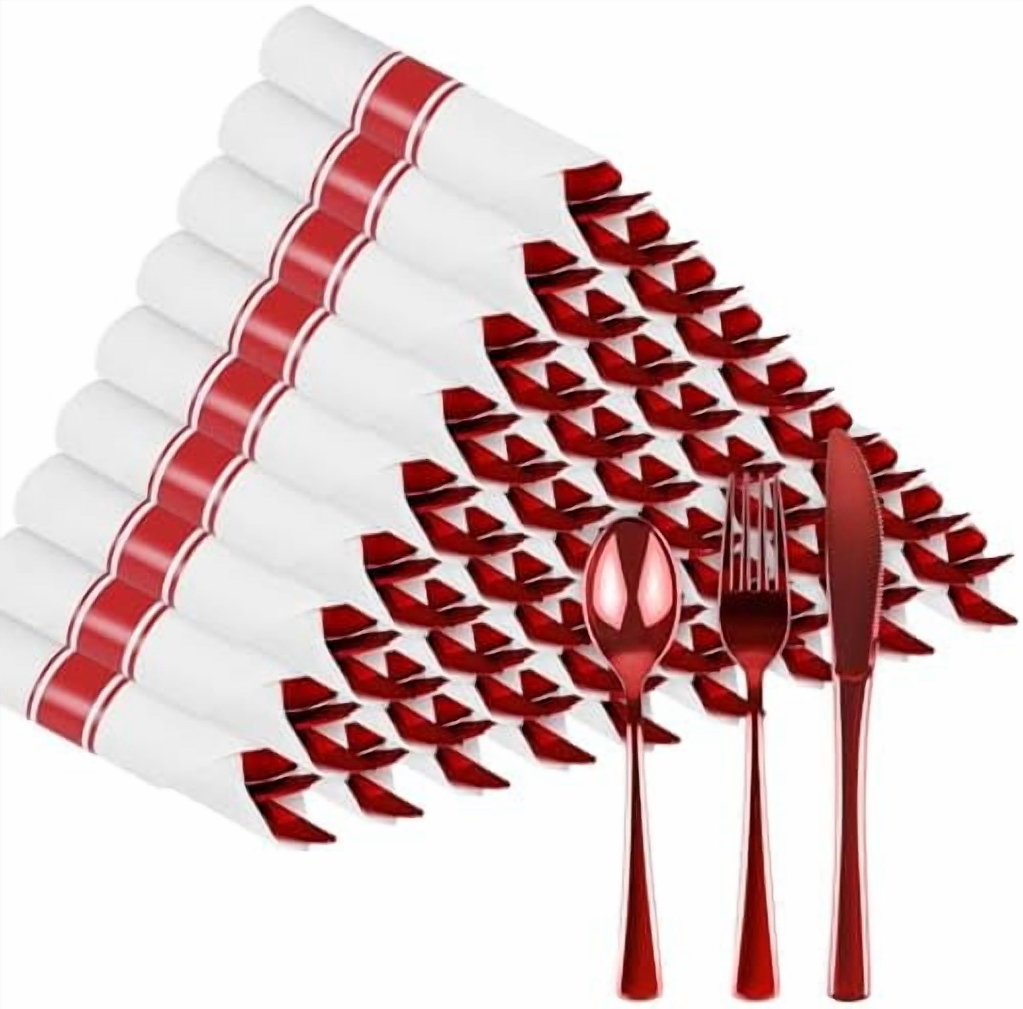 60Pack Red Pre Rolled Plastic Silverware - Wrapped Red Disposable ...