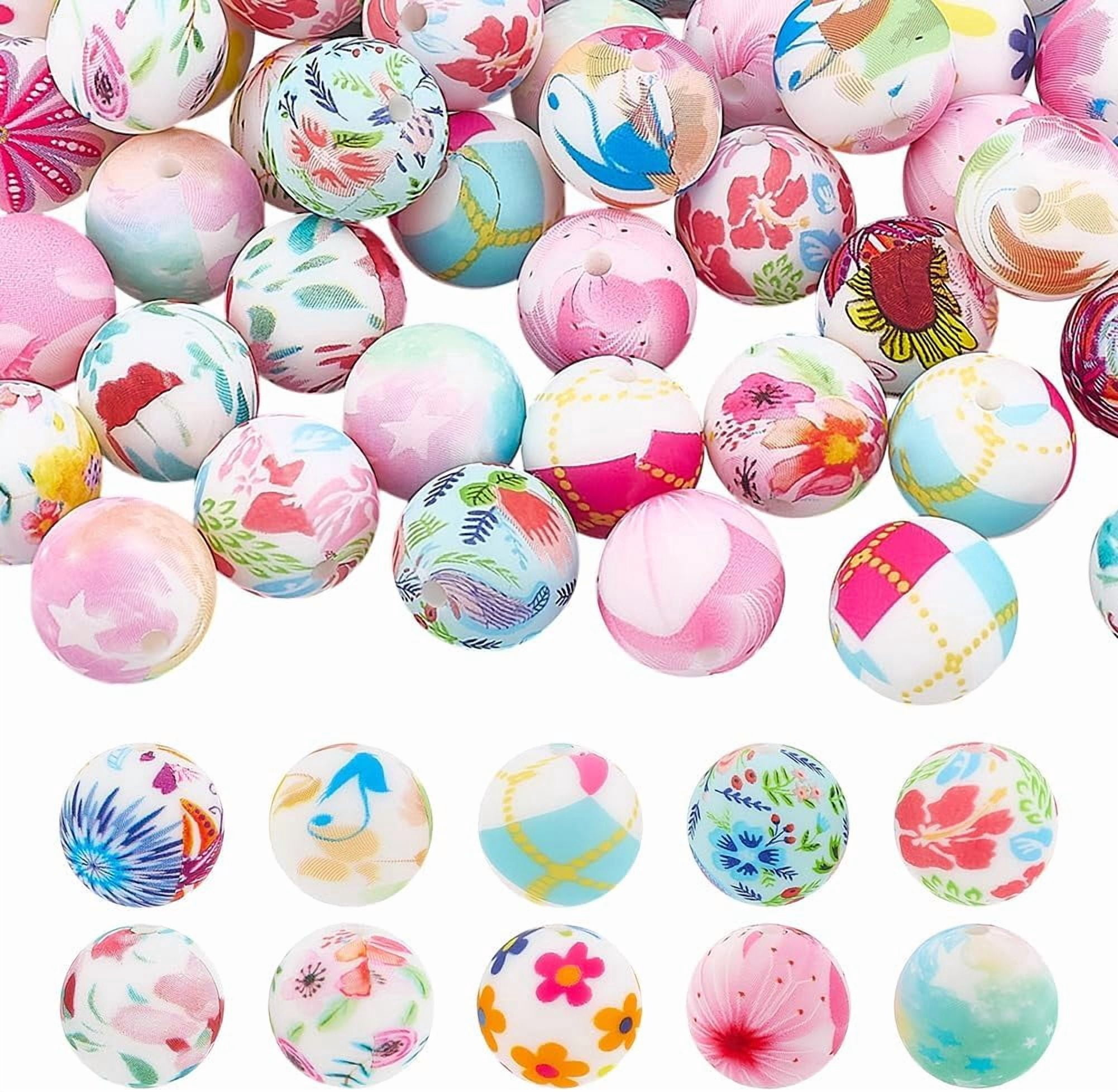 60Pcs 10 Styles Beads Round with Pattern Mixed Color 15mm Hole: 2~3mm ...