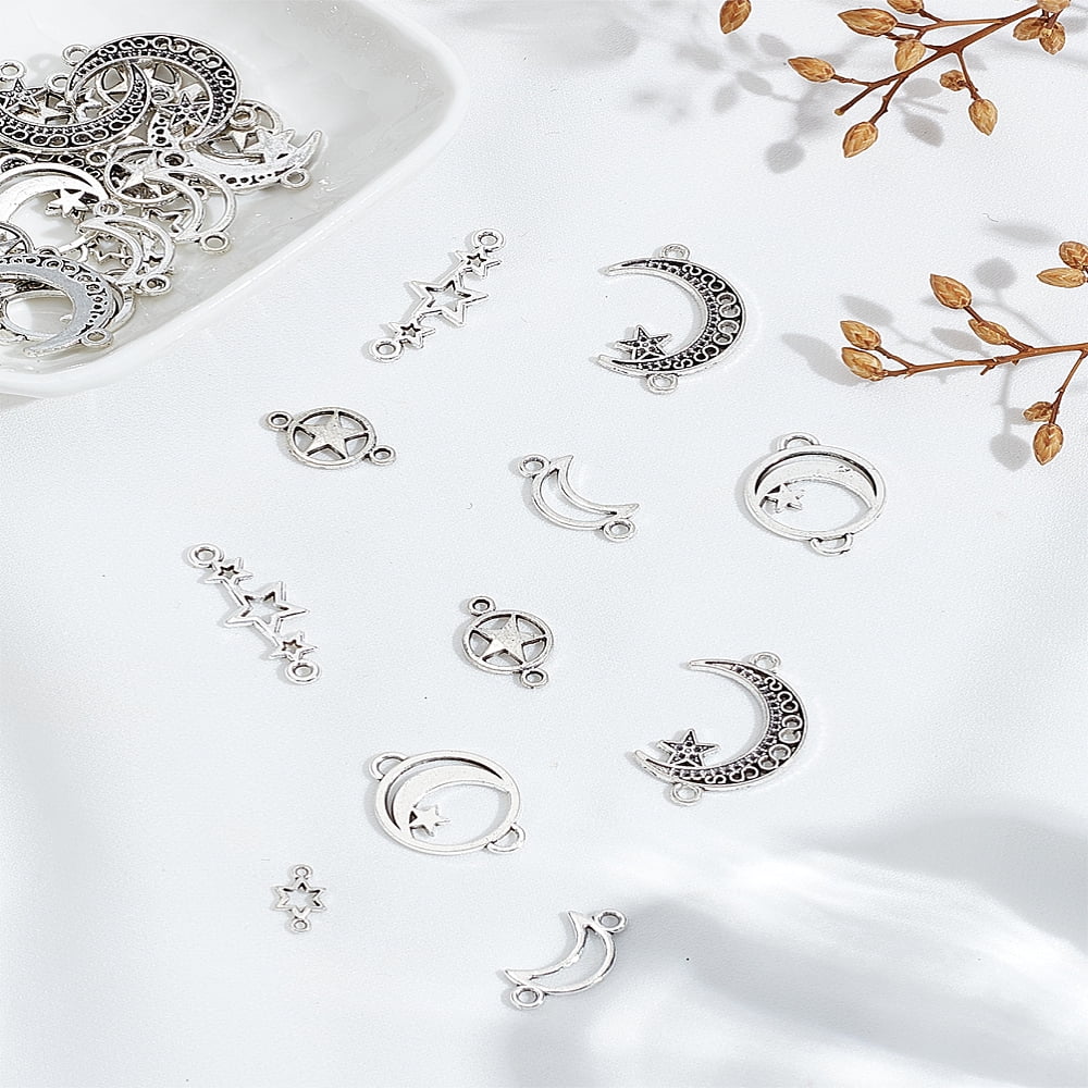 60Pcs 10 Styles Tibetan Style Alloy Connector Charms Moon Flat Round ...