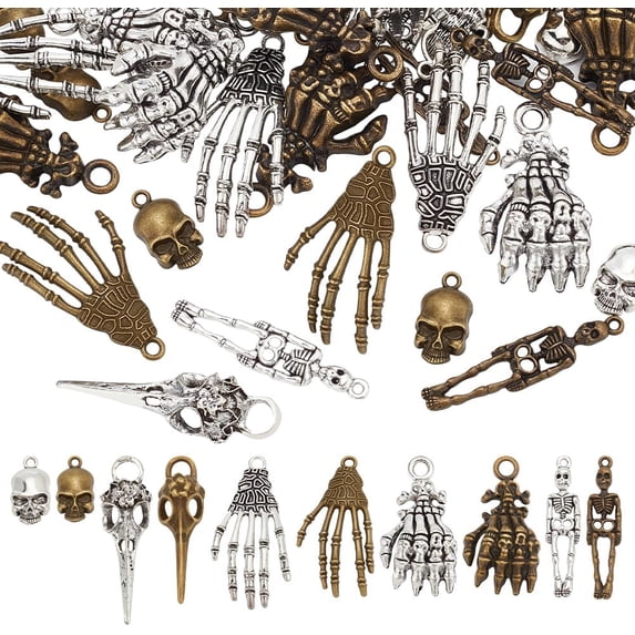 60Pcs 10Styles Alloy Crow Raven Charms Bronze & Silver Hand Claws Charm ...