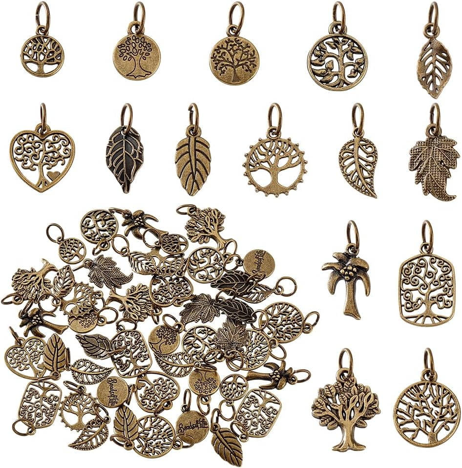 60Pcs 15 Style Tibetan Style Alloy Pendants with Brass Jump Rings Tree ...