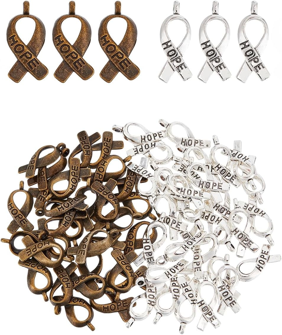 60Pcs 2 Colors Breast Cancer Awareness Ribbon Charm Pendants Tibetan ...