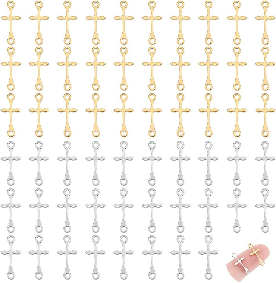 60Pcs 2 Colors Cross Charm Stainless Steel Connector Charms Cross Links ...