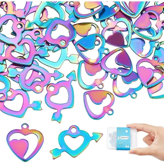 60Pcs 2 Styles Heart Pendants Arrow Heart Charms Rainbow Heart Shape ...