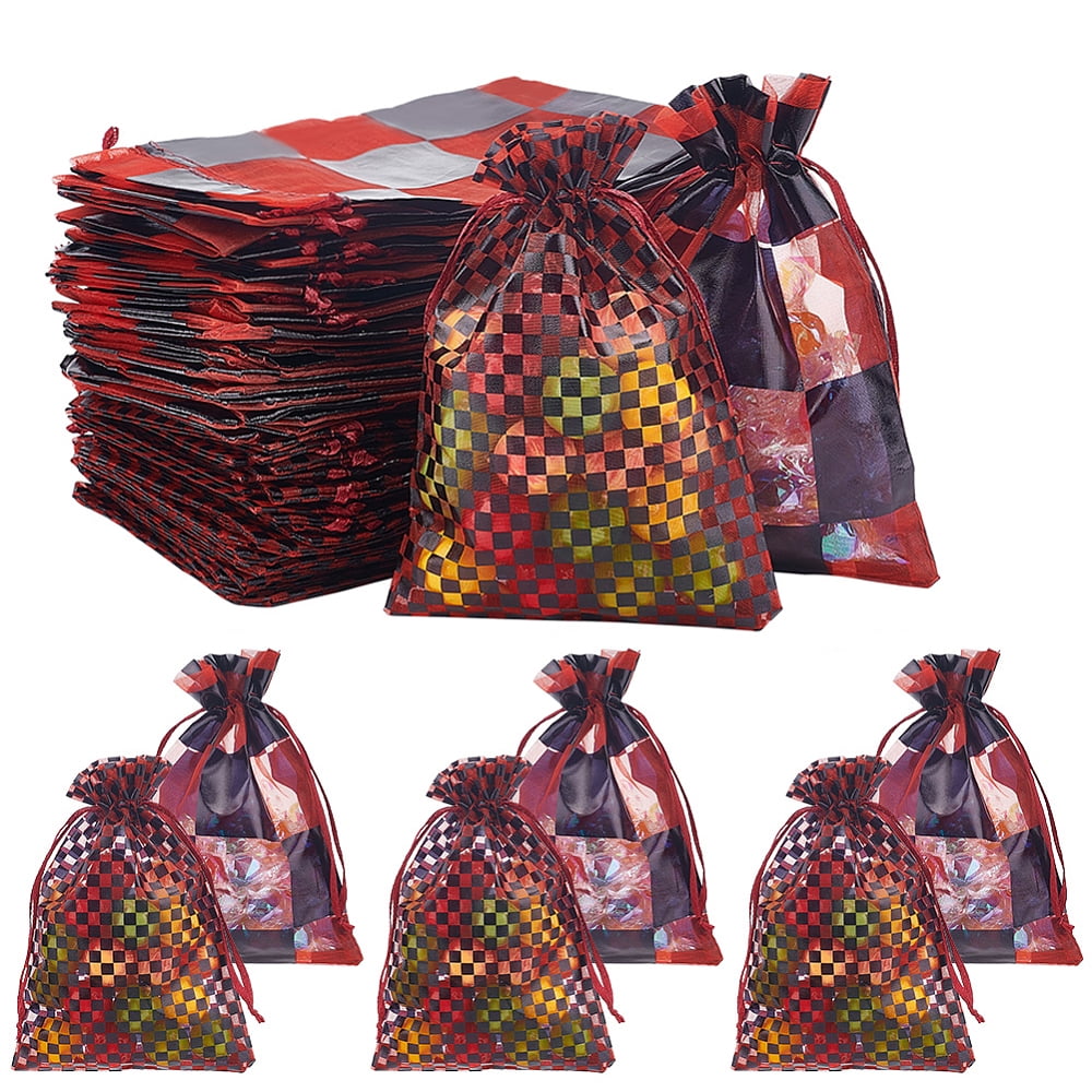 60Pcs 2 Styles Rectangle Printed Organza Drawstring Bags Tartan Pattern ...