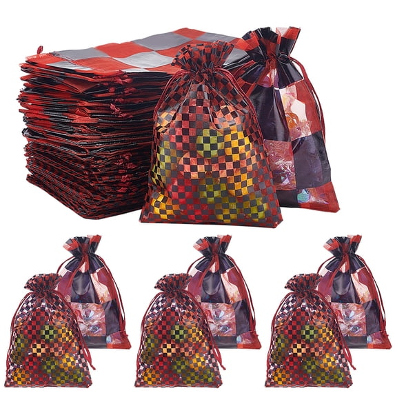 60Pcs 2 Styles Rectangle Printed Organza Drawstring Bags Tartan Pattern ...