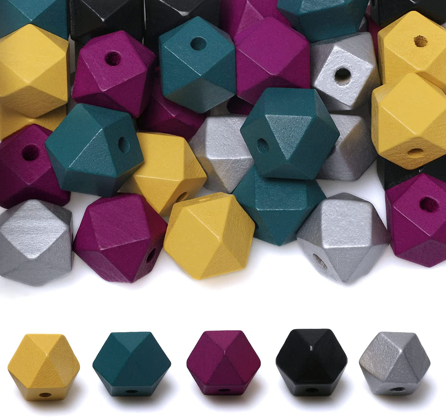 60Pcs 20mm Polygons Wood Beads for Crafts - 12 per Color - Hot Pink ...
