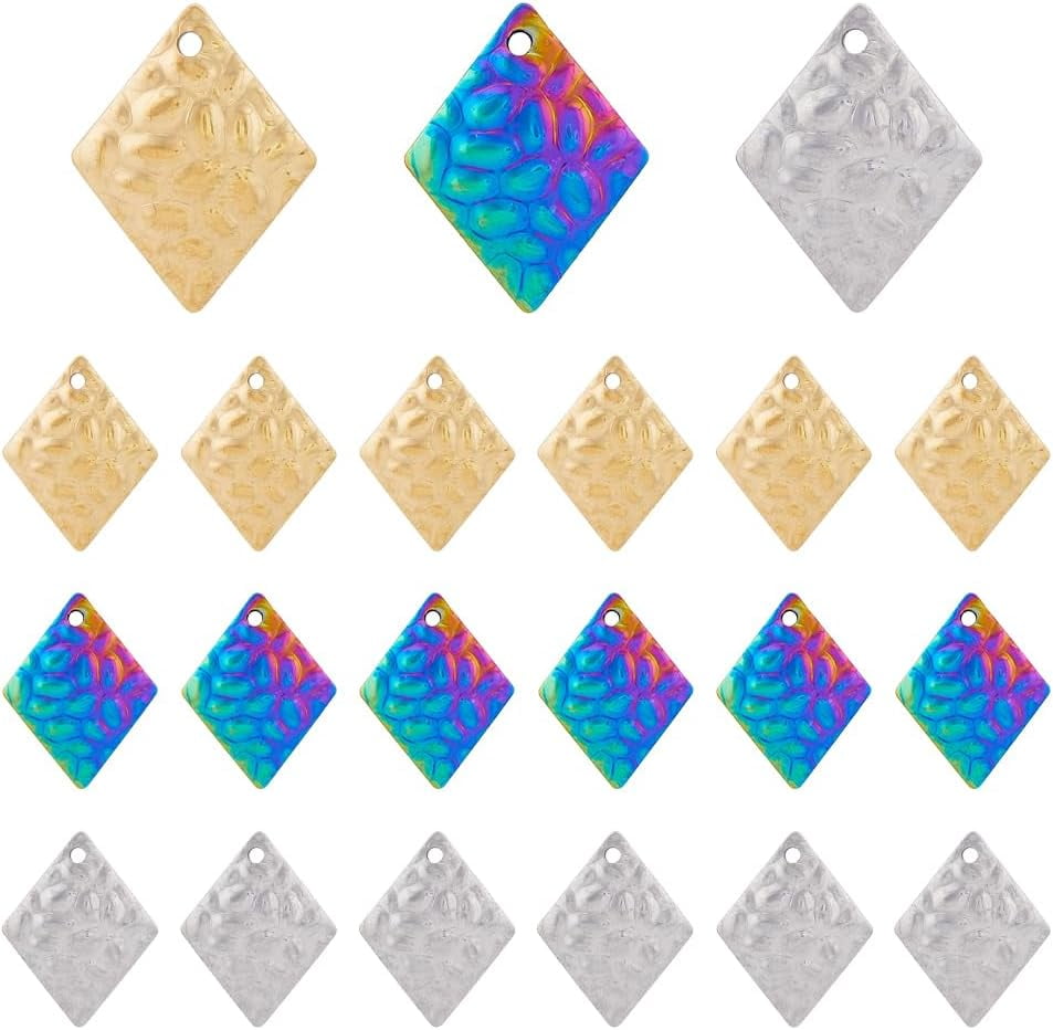 60Pcs 3 Colors Textured Rhombus Charms Set Golden and Rainbow Color ...