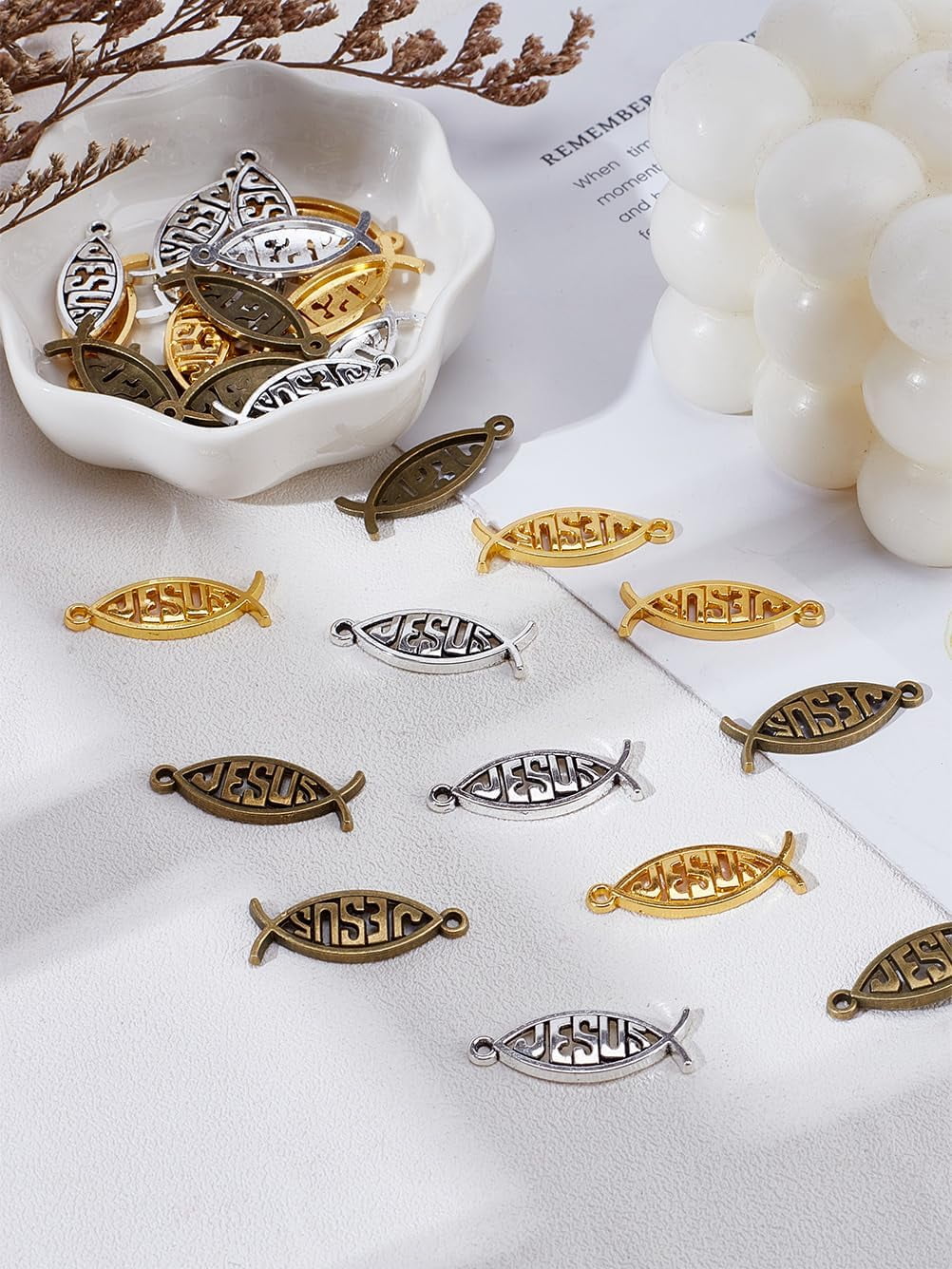 60Pcs 3 Colors Tibetan Style Alloy Pendants Jesus Fish Charms Mixed ...